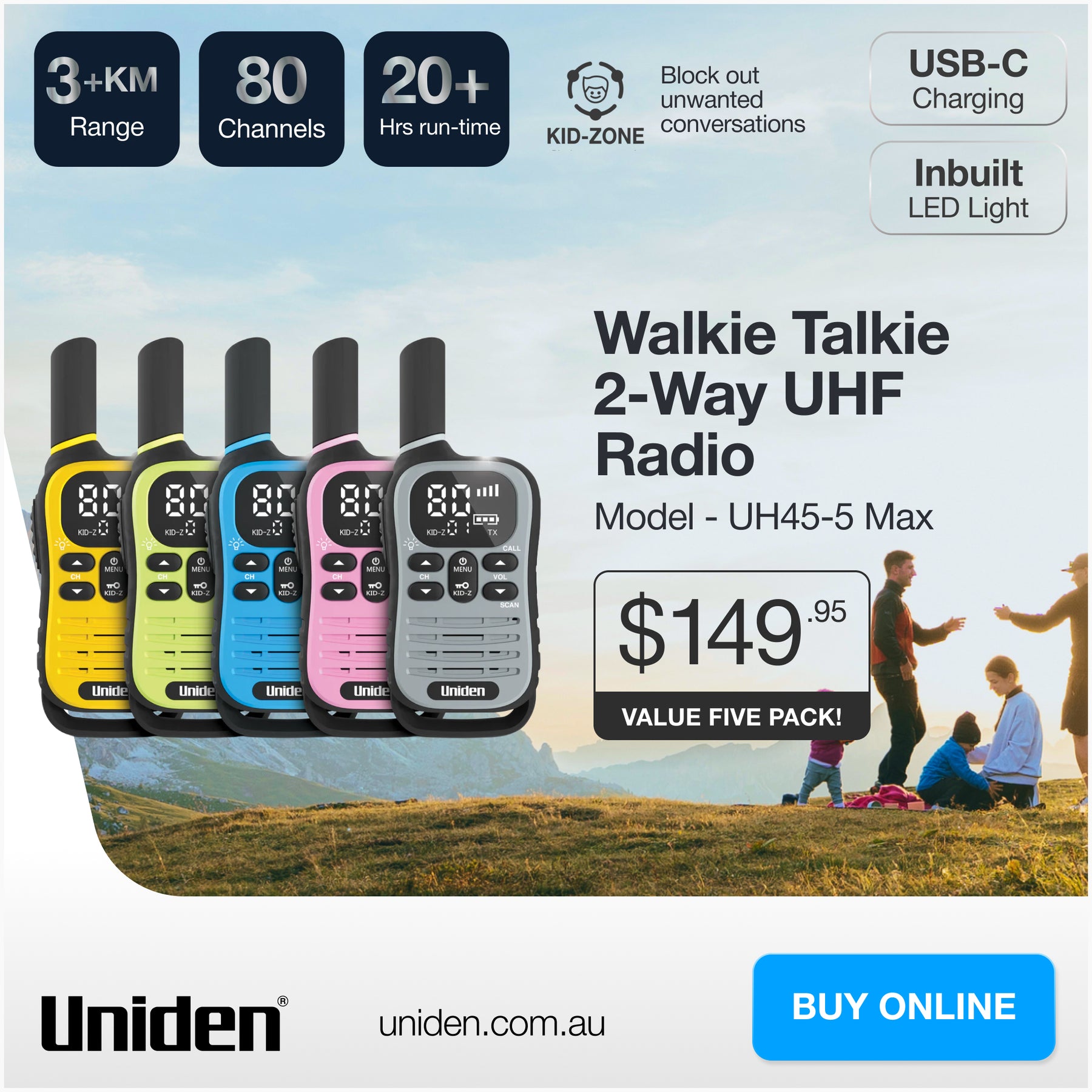 Uniden UH45-5 Max UHF CB Radio Five Pack – Family & Outdoor Use